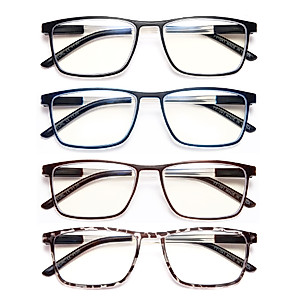 EYEURL 4 Pack Reading Glasses for Men and Women - Blue Light Blocking Readers with Spring Hinges+1.75
