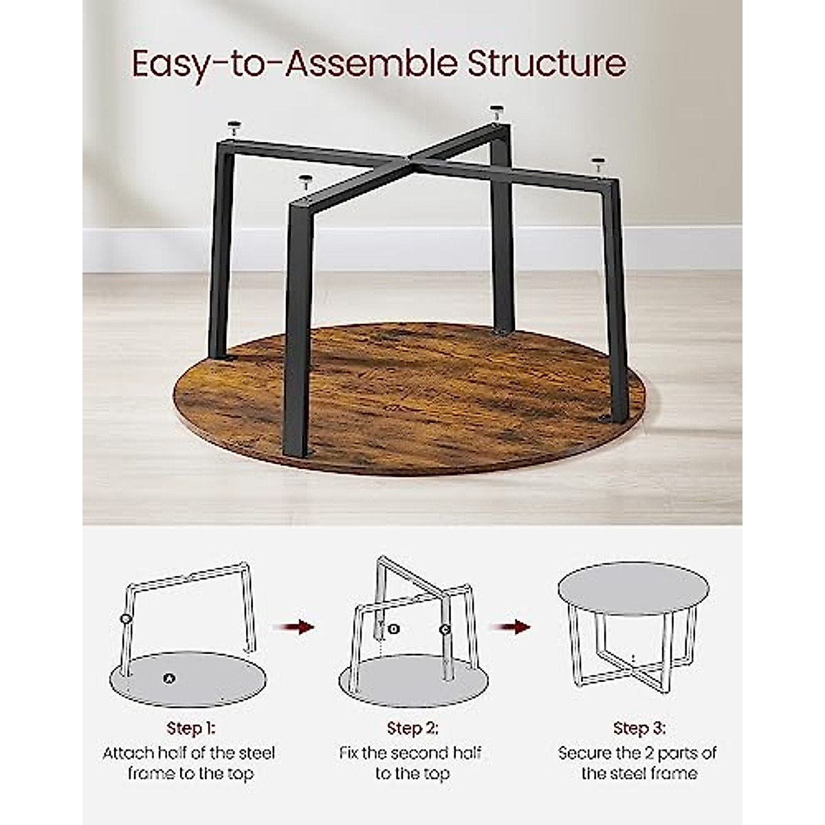 VASAGLE ALINRU Round Coffee Table, Industrial Style Cocktail Table, Durable Metal Frame, Easy to Assemble, for Living Room, Rustic Brown ULCT88X 39.4 x 21.7 x 17.7 Inches