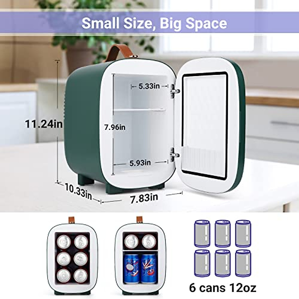 Living Enrichment Mini Fridge, 4L Skincare Fridge, Portable Small Refrigerator Cooler for Skincare, Beverage, Food, Cosmetics, Home, Bedroom, for Christmas Gift - Ever Green