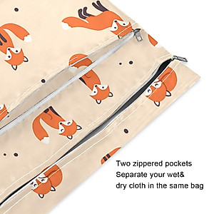Cute Animal Fox Pattern Wet Dry Bag Set Waterproof Reusable Baby Diaper Bags Organizer with Two Zippered Pockets for Travel Beach Swimming Swimsuit Wet Clothes 2 Pack