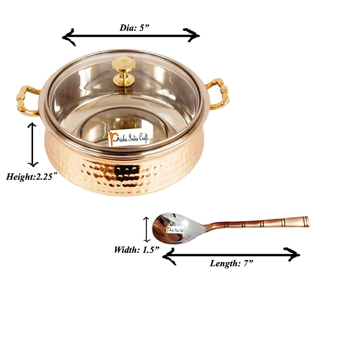 Set of 3 Prisha India Craft SMALL SIZE Steel Copper HANDI with Lid and Serving Spoon - Set of Copper Handi and Serving Spoon - Bowl Dia - 5.00" X Height - 2.25" - Christmas Gift