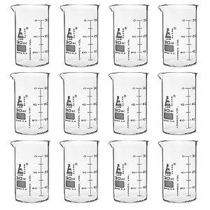 EISCO 12PK Beakers, 30ml - ASTM - Low Form with Spout - Dual Scale, White Graduations - Borosilicate 3.3 Glass