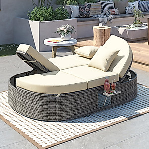 BAMOOLI Patio Daybed, Outdoor Sun Bed with Adjustable Backrests and Foldable Cup Trays, Reclining Outdoor Lounger Wicker Rattan Patio Daybed with Cushions and Pillows, Round Daybed for Garden, Beige