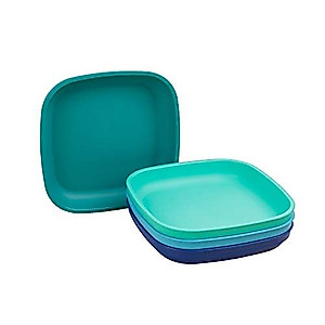 Re-Play Made in USA 7" Toddler Plates, Set of 4 Without Lid - 22 Oz. Deep-Walled and Stackable Plastic Plates, Dishwasher and Microwave Safe - 7.37" x 7.37" x 1.25" Kids Plates, True Blue
