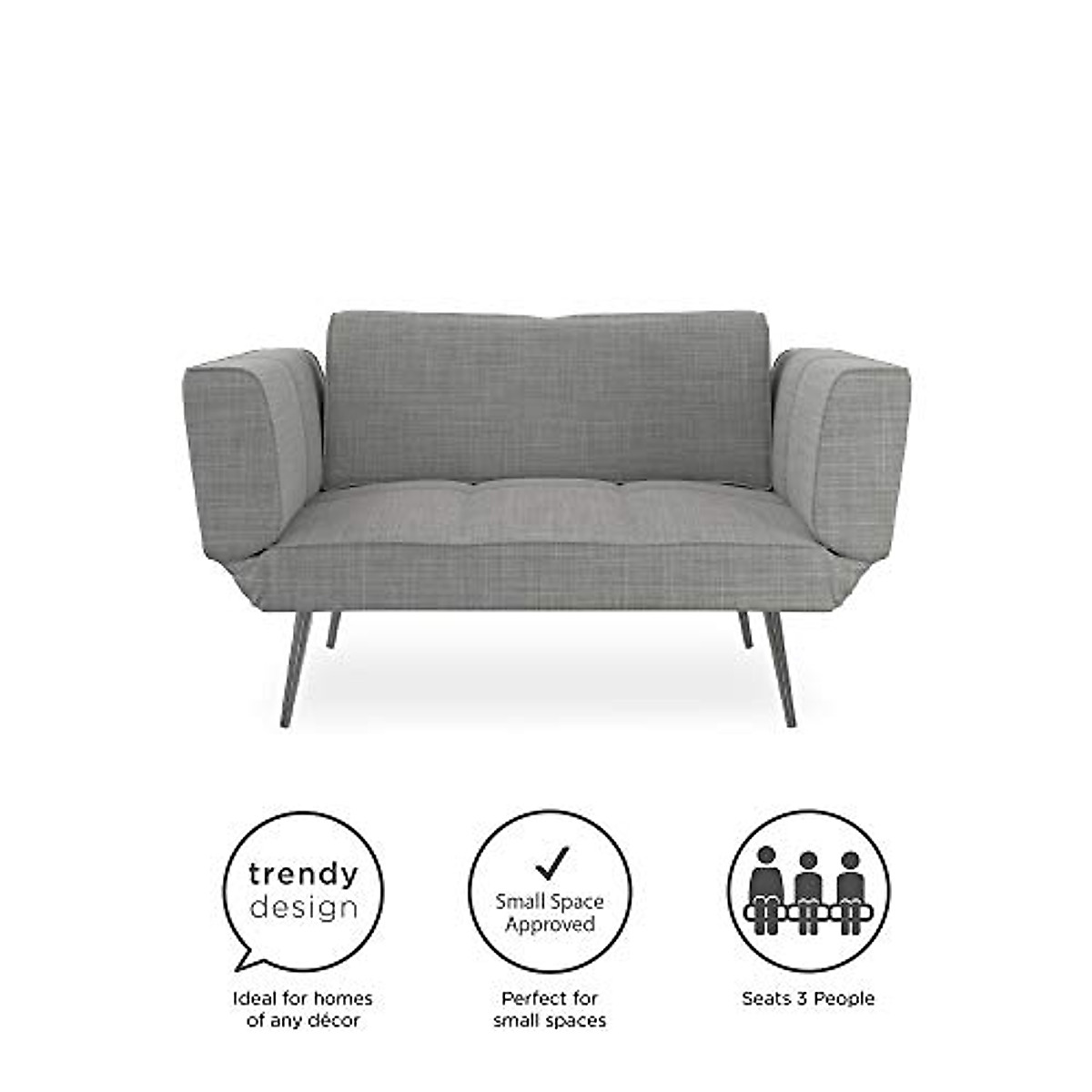 Novogratz Leyla Loveseat with Magazine Storage, Adjustable Sofa Bed Armrests to Convert into a Couch Sleeper, Light Gray Futon