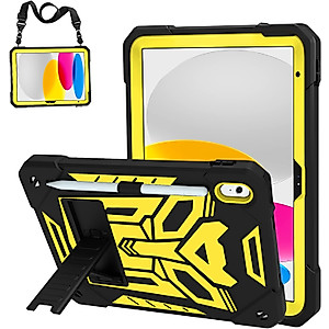HOGENL for iPad 10th Generation Case, for iPad 10.9 Inch Case for Kids with Pencil Holder Kickstand Shoulder Strap Heavy Duty Shockproof Full Body Protective Cover for iPad 10th 2022 (Black+Gold)
