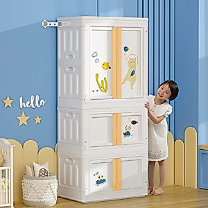 Storage Bins with Lids - Collapsible Storage Bins with Adjustable Shelf and Hanging Rod, Portable Closet Storage Cabinet with Wheels, Stackable Storage Bins for Bedroom Clothes Storage Organizer