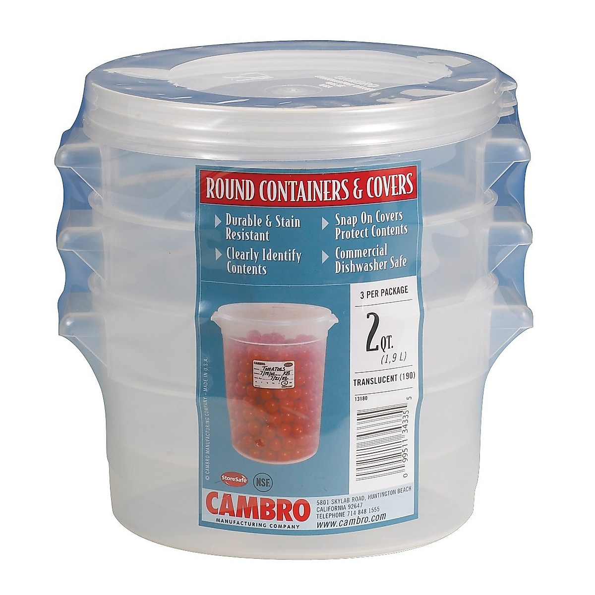 Cambro 2-Quart Round Food-Storage Container with Lid, Set of 3