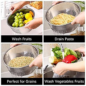 Joyoldelf Stainless Steel Rice Washing Bowl, Versatile 3-In-1 Colander and Kitchen Strainer with Side Drainers for Rice, Vegetables & Fruit