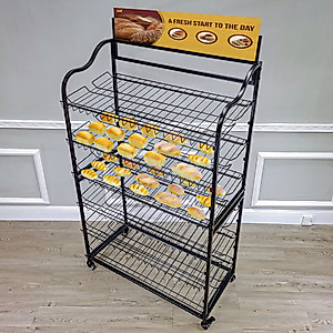FixtureDisplays® Wide Metal Bakery Display Rack on Wheels, 6 Shelves with Header Holder, 39.5" Wide X 18.5" Deep X 67.8" Black 19399-New-NF