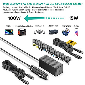 HKY Laptop Car Charger Universal Kit PD 100W 96W 90W 87W 70W 67W 65W 61W 45W Compatible with MacBook HP Dell Toshiba Lenovo Asus Acer MSI Surface Laptop Tablet Phone & All USB-C/Round Connector Device
