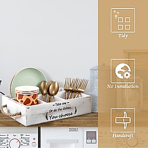 Paper Plate Holder Kitchen Countertop Plate Organizer Utensil Holder Rustic Utensil Caddy Paper Plate Dispenser Cutlery Holder Farmhouse Kitchen Decor with 4 Compartments for Flatware Spoon