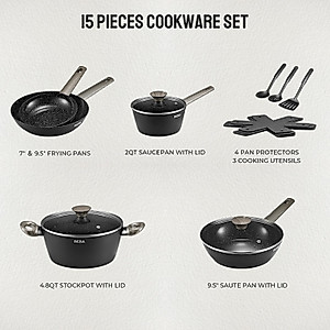 BEZIA Induction Cookware Set 15-Piece, Nonstick Pots and Pans Set, Non Stick Kitchen Cooking Cookware Set with Stay-Cool Bakelite Handle, Dishwasher Safe, Compatible with All Stoves, Black
