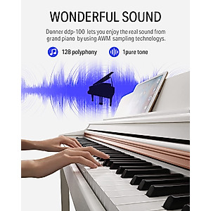 Donner DDP-100 88-Key Weighted Action Digital Piano, Beginner keyboard piano Bundle with Furniture Stand, Power Adapter, White