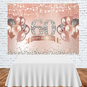 Pink Rose Gold Happy 60th Birthday Party Backdrop Glitter Diamonds and Balloons Lights Birthday Background Sixty Years Old Age Women Birthday Party Decorations Cake Table Supplies 7x5ft