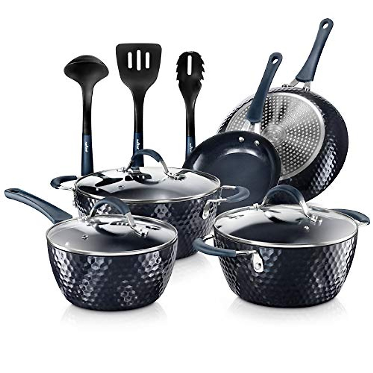 Nutrichef 11 Piece Nonstick Ceramic Cookware Excilon Home Kitchen Ware Pots & Pan Set with Saucepan Frying Pans, Cooking Pots, Lids, Utensil PTFE/PFOA/PFOS Free, Blue Diamond Pcs
