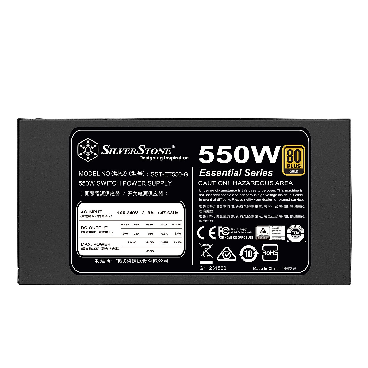 SilverStone Tek 550W 80 Plus Gold Fixed Cable Power Supply with Flat Black Cables and Quiet Fan Curve SST-ET550-G