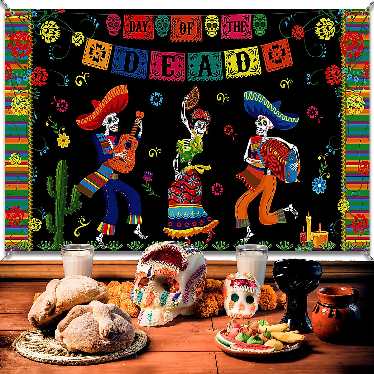 Day of The Dead Party Supplies, 6 x 3.6 ft Extra Large Fabric Day of The Dead Backdrop Banner for Halloween - Party Decoration Photo Booth Backdrop Skull Background Banner