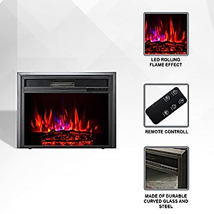 XBrand 28 Inch Long Black Glass and Steel Indoor Insert Electric Fireplace Heater with Remote Control, LED Rolling Flame Effect, and Temperature Limiting Control