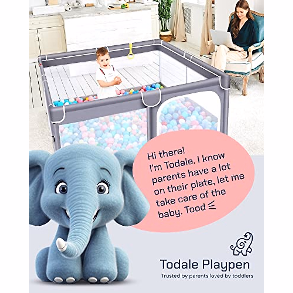 TODALE Baby Playpen for Toddler, Large Baby Playard, Indoor & Outdoor Kids Activity Center with Anti-Slip Base, Sturdy Safety Play Yard with Soft Breathable Mesh, Playpen for Babies(Gray,50”×50”)