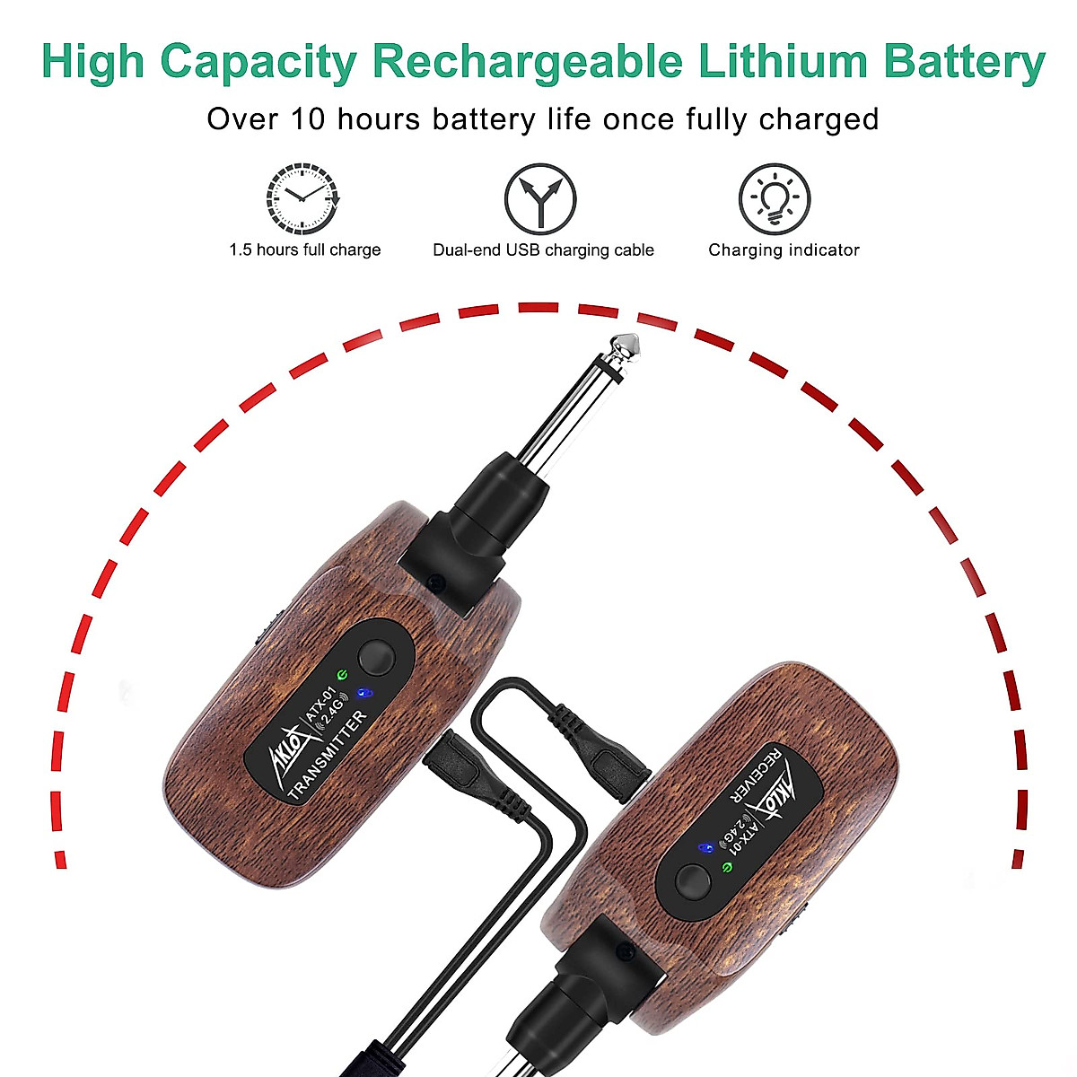 AKLOT Wireless Guitar System Transmitter Receiver Set 2.4GHz Built-in Rechargeable Lithium Battery Digital for Electric Guitar Bass