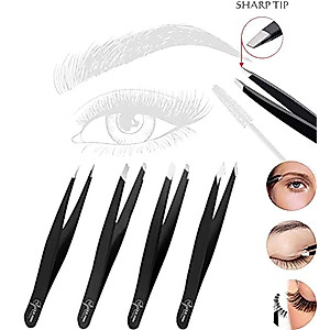 S.A.Q. JILLANI Eyebrow Precision Tweezers Set- For Men and Women Facial and Ingrown Hair Removal - Professional Stainless Steel Splinter and Slant 4 Pieces with Case (Black)