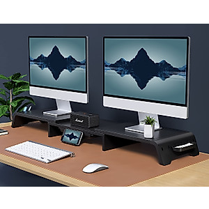Fenge Dual Monitor Stand, Adjustable Length and Angle, Organizer with Removable Slot Drawer Tablet Phone Holder, Computer Monitor Riser for 2 Monitors, Black, G04C1122B