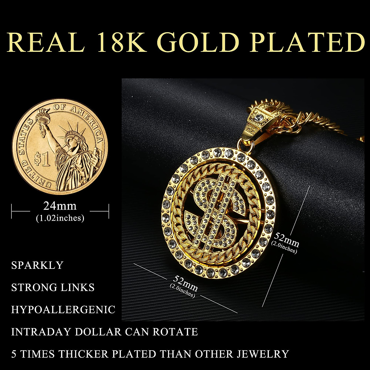 Krfy Gold Money Dollar Sign Chain Necklace For Men Rotatable Rapper Hip Hop Fake Chain 18k Gold Plated Halloween Old School Big Chunky Turnover Punk Style Necklace