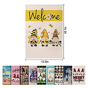 Set of 10 Gnome Seasonal Garden Flags, Double-side Printed Festival Yard Flag Vertical Burlap Gnome Garden Flags Colorful Welcome House Flag for Halloween Christmas Fall and More(12.6 x 18.1 inch)