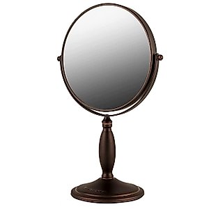 OVENTE 8'' Tabletop Makeup Mirror, 1X & 7X Magnification, Adjustable Spinning Double Sided Round Magnifier, Modern Décor for Office, Bath, Hotel, Compact for Travel, Antique Bronze MNLAT80ABZ1X7X