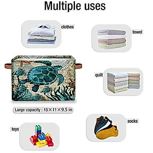 KOBLEN Sea Ocean Turtle Storage Basket Collapsible Storage Bins Large Fabric Organizer Storage Cubes Foldabe Storage Box with Handle for Shelf Home Closet Organziers
