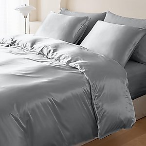 AL AHMEDANI LINEN 6 Piece Satin Sheets Queen and King Size with 4 Pillow Cases, 1 Satin Fitted Sheet, 1 Satin Duvet Cover - Gray