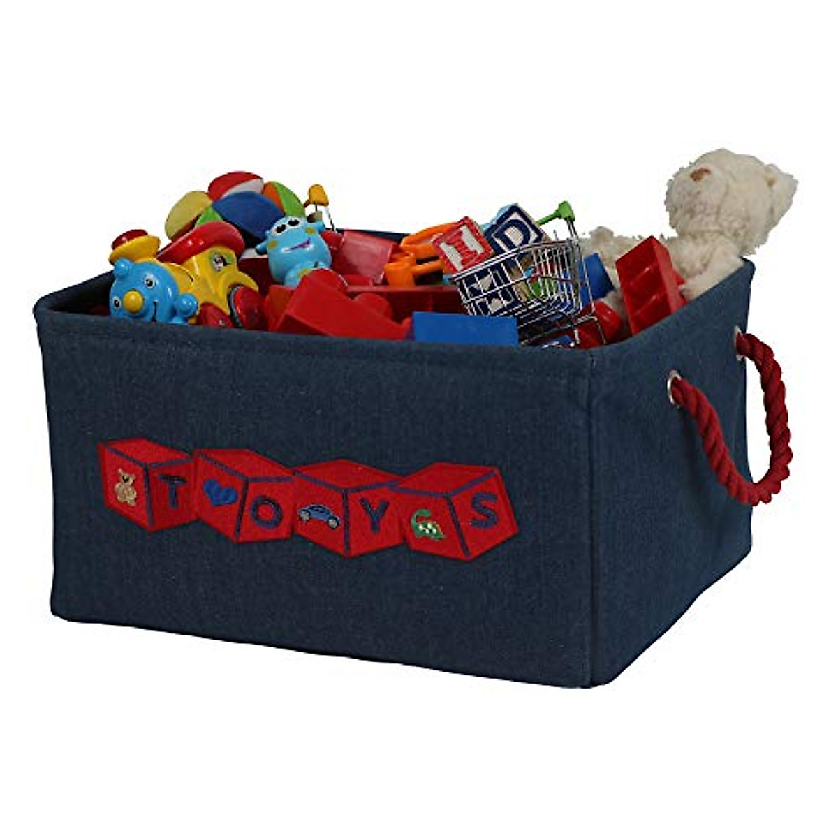 Toy Storage Basket Bin for Organizing Baby, Kids, Dog Toys, Children Books. Denim Canvas Box Organizer w/Attractive Red Patch for Playroom, Nursery …
