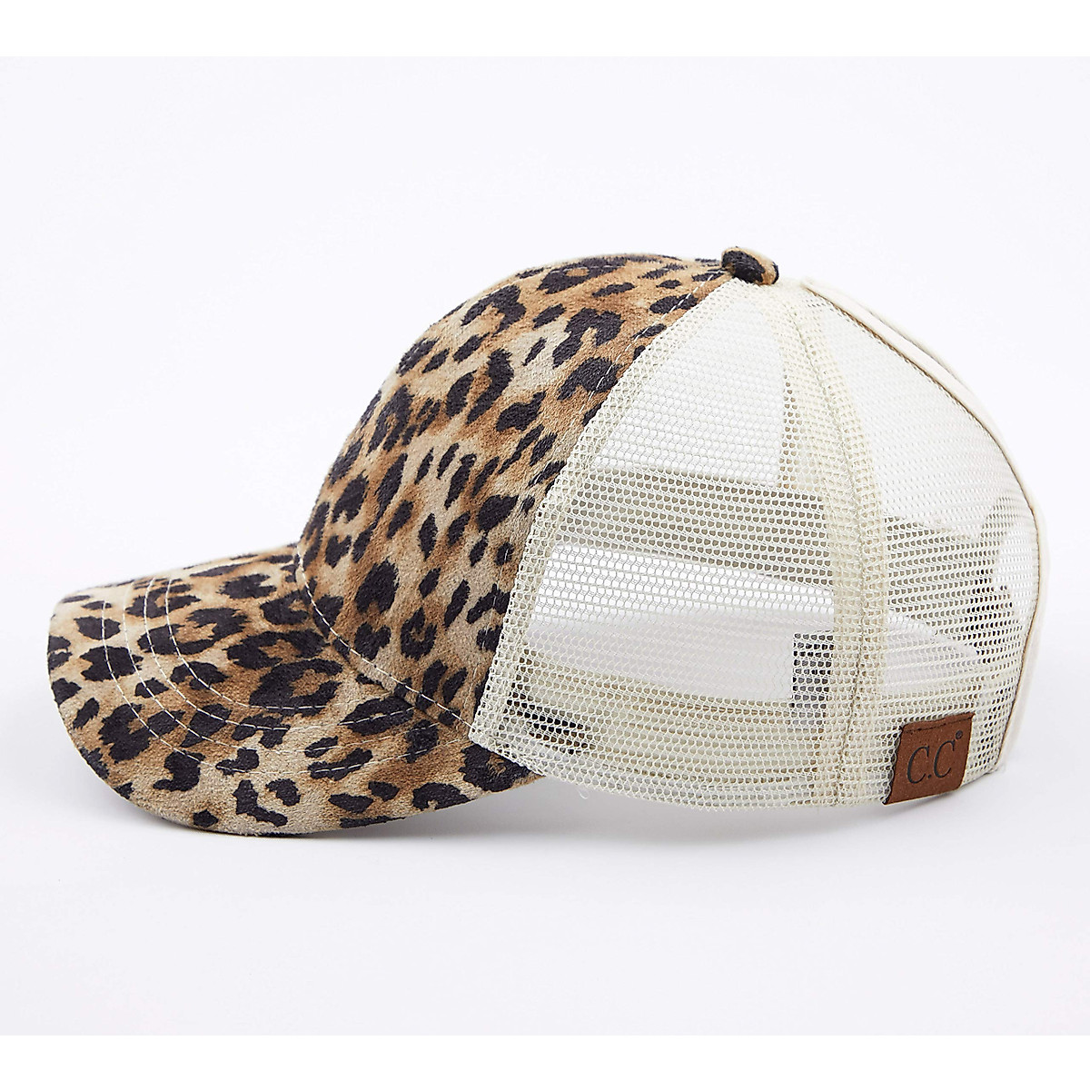 C.C Hatsandscarf Faux Suede Leopard Print Fabric Ponytail Baseball Cap (BT-44) (Leopard)