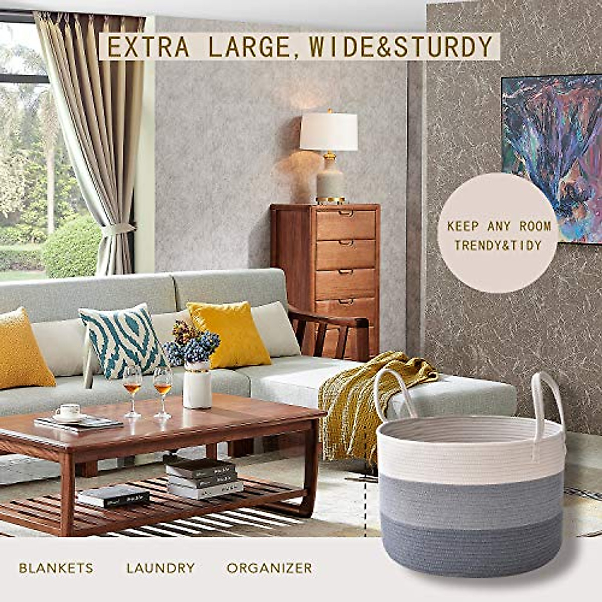 XXXLarge Cotton Rope Basket 21" x 12.9" Baby Laundry Basket for Blankets Toys Blanket Storage Basket Decorative Floor Basket Cushions Storage Bins Thread Laundry Hamper with Long Handle