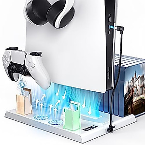 Allnice PS5 Stand with Cooling Fan and Controller Charging Station for Playstation 5 Console Disc/Digital Edition, PS5 Accessories with 15 Game Rack Organizer, Adjustable Fans Speed, Headset Holder