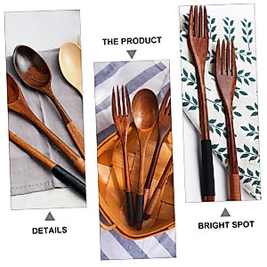 HOMSFOU 4pcs Japanese Wooden Handle Fork and Spoon Wood Soup Wood Cake Forks Stainless Steel Flatware Wooden Forks and Antique Flatware Wooden Tableware Kits Travel Salad Solid Wood