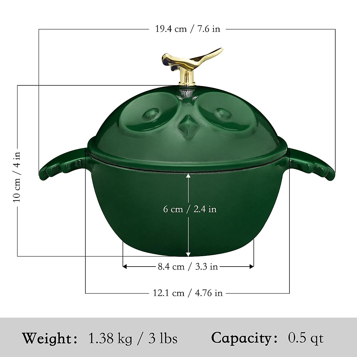 Flavehc Mini Cocotte 16 oz Owl Shaped Mini Dutch Oven 0.5 qt Cast Iron Garlic Roaster for Oven Garlic Confit Pot Ramekins with Lids Oven Safe, Green