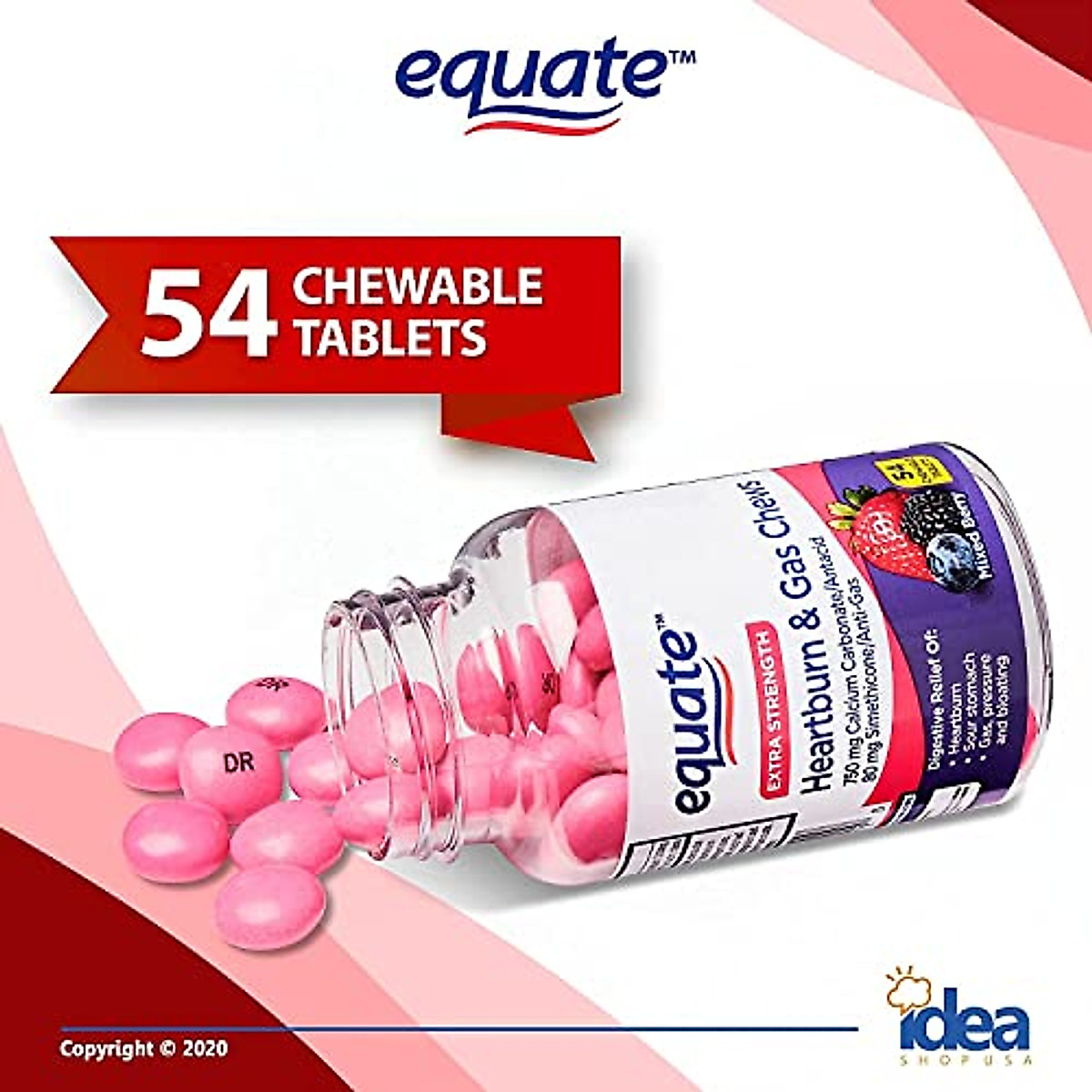 Equate Extra Strength Heartburn Relief + Gas Relief Chews, Mixed Berry, 54 Ct Bundle with Exclusive "Say "No" to Indigestion and Heartburn" - Better Idea Guide (2 Items)