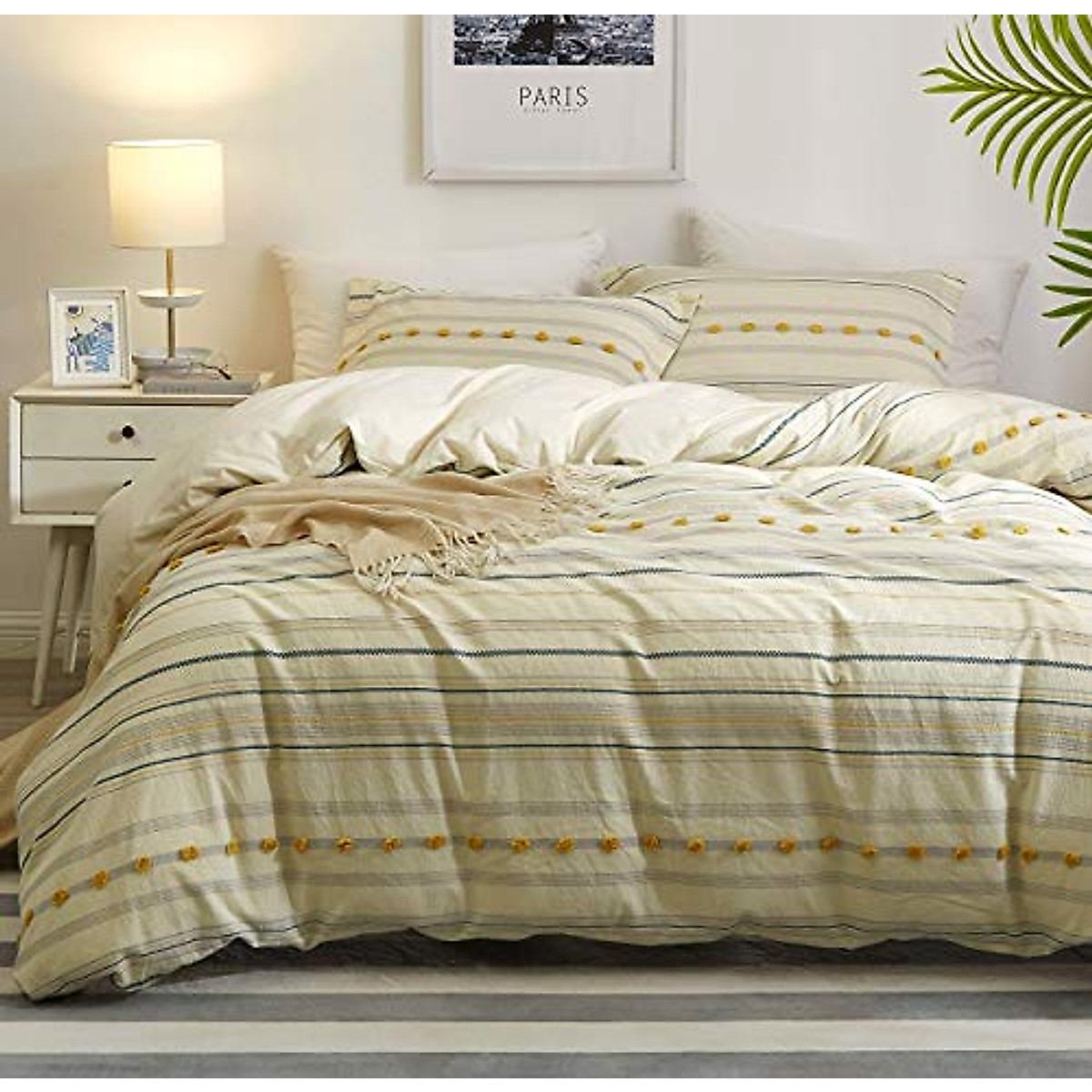 PHF 100% Cotton Tufted Duvet Cover Set King Size, 3pcs Boho Textured Jacquard Comforter Cover Set, Yarn-Dyed Decorative Duvet Cover with Pillow Shams Bedding Collection, 106"x 92", Ivory & Yellow