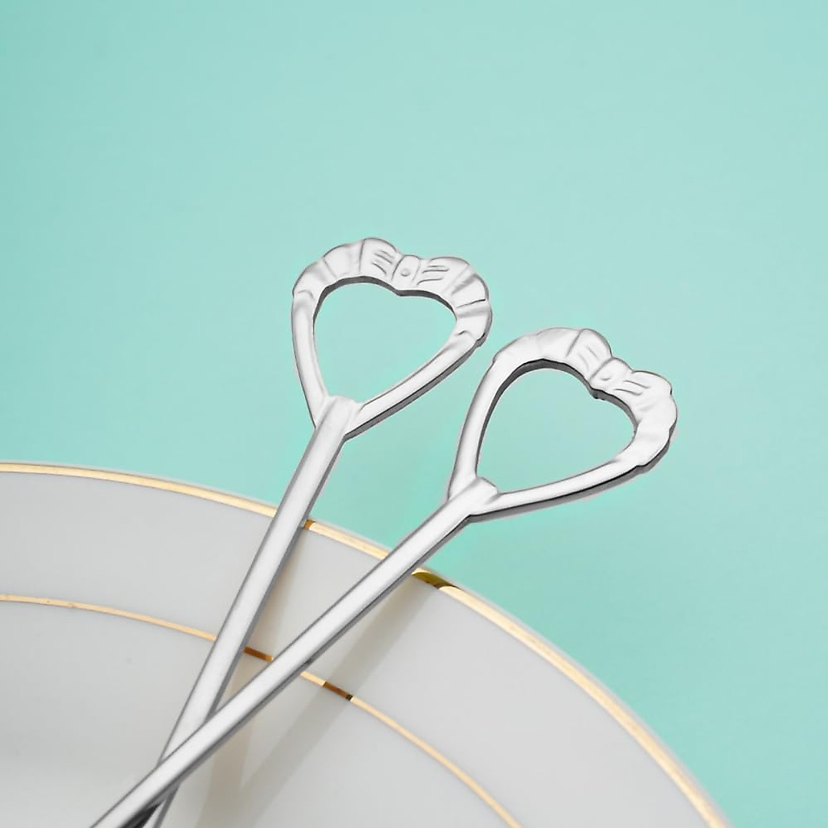 Ouliget Stainless Steel Tableware Dessert Spoons Set, Heart Shaped Straight Shank Coffee Spoons, Mirror Polished Finish Mini Teaspoons, Dishwasher Safe, 4 Pack