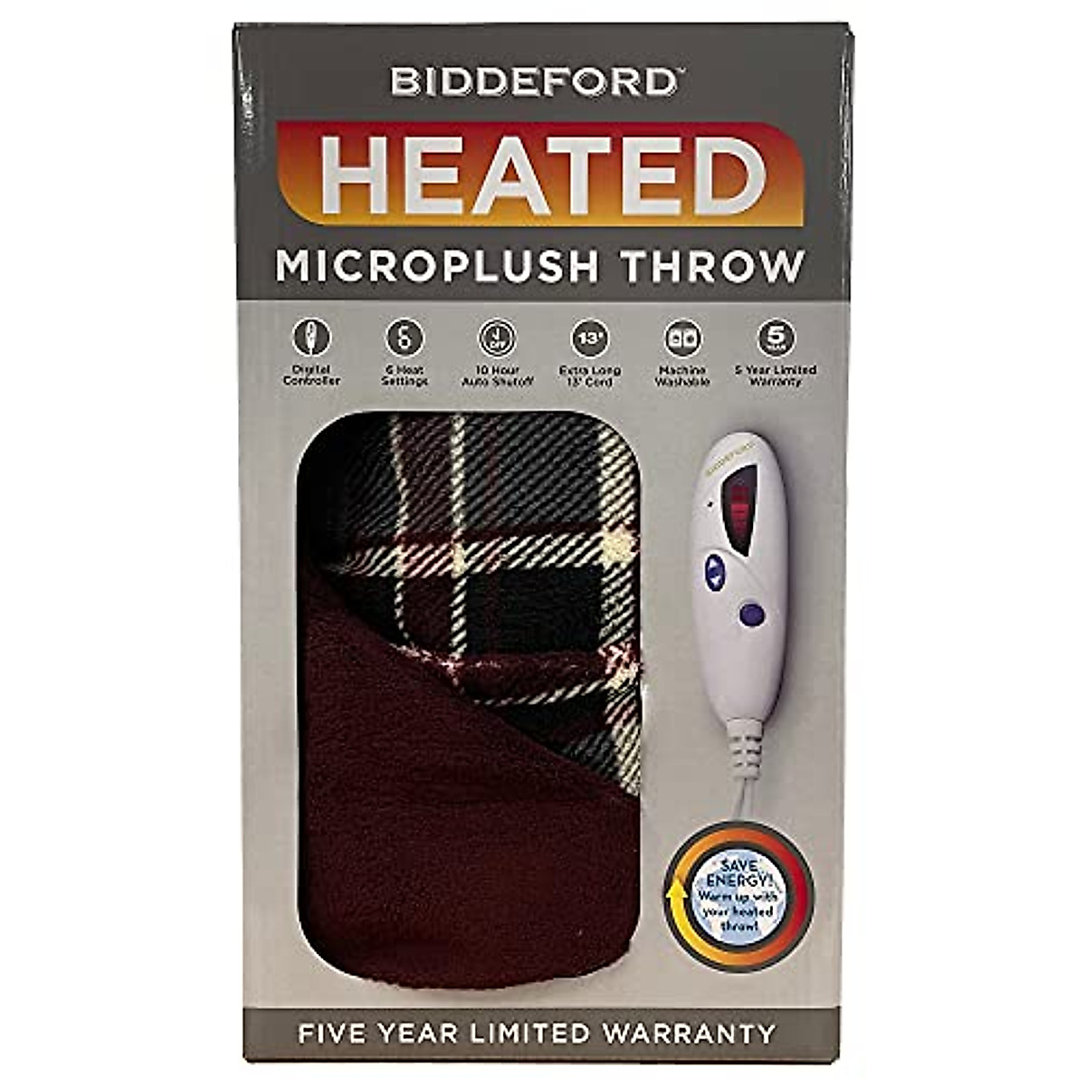 Biddeford Blankets Micro Plush Electric Heated Blanket with Digital Controller, Throw, Burgundy/Grey Plaid