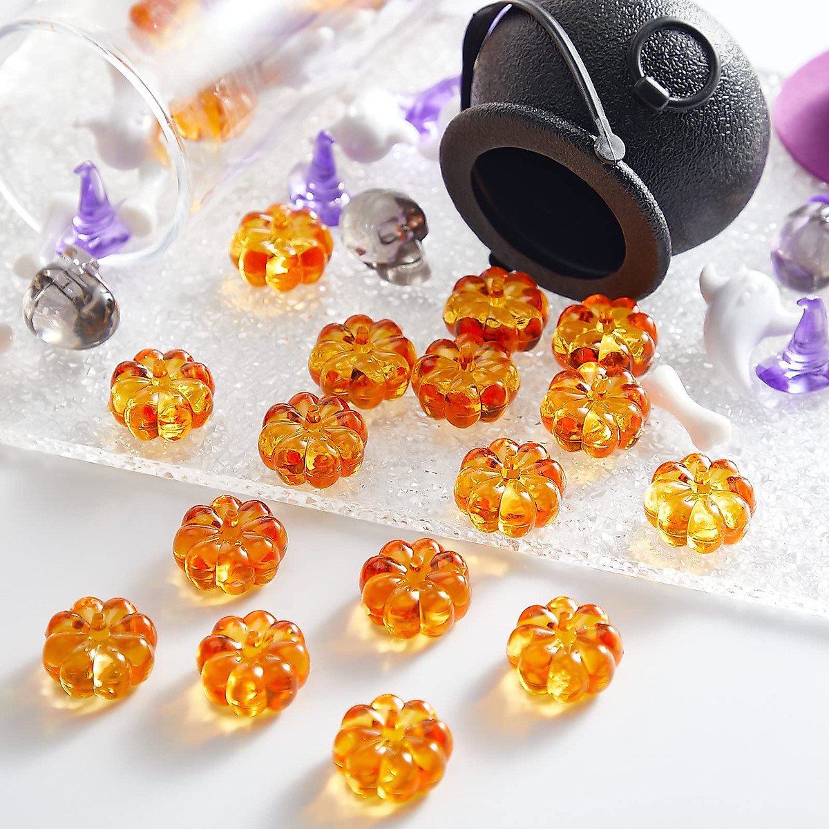 240 Pcs Halloween Mini Acrylic Pumpkin Ornaments Mini Skull Head Small Witch Hats Mini Skeleton Bones Cute Ghost Ornaments Table Scatter Vase Filler for Thanksgiving Fall Autumn Halloween Party