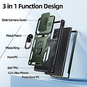 Mansoorr for Samsung Galaxy S23 Ultra Case, Slide Camera Cover, Built-in 360° Rotate Ring Kickstand [Military Grade Shockproof Test] Protective Case for Galaxy S23 Ultra 5G 6.8 inch 2023,Green
