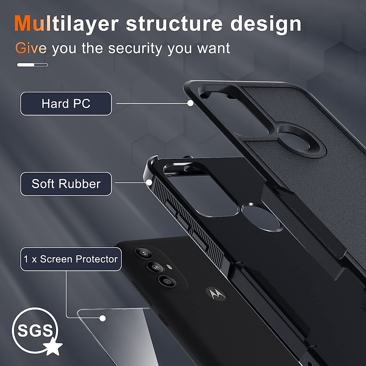 for Motorola Moto G Play 2023, Moto G Pure, Moto G Power 2022 Case with Tempered Glass Screen Protector, 2-in-1 Full Body Heavy Duty Rugged Shockproof Protective Phone Cover, Black Matte