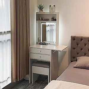 ARTETHYS Small Vanity Desk Set with 3 Adjustable Lighted Mirror and Storage Chair, Makeup Vanity Table for Small Space, White Dressing Table with Fold-up Panel for Bedroom