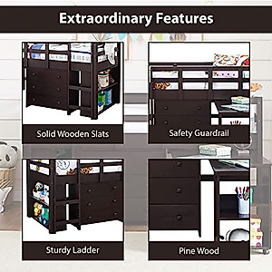 Naomi Home Twin Size Loft Bed with Desk Low Study Kids Twin Loft Bed with Storage Pine Wood Loft Bed for Kids Twin Loft Bed with Cabinet Ladder, Safety Guard Rails, Bookcase Shelf, Espresso