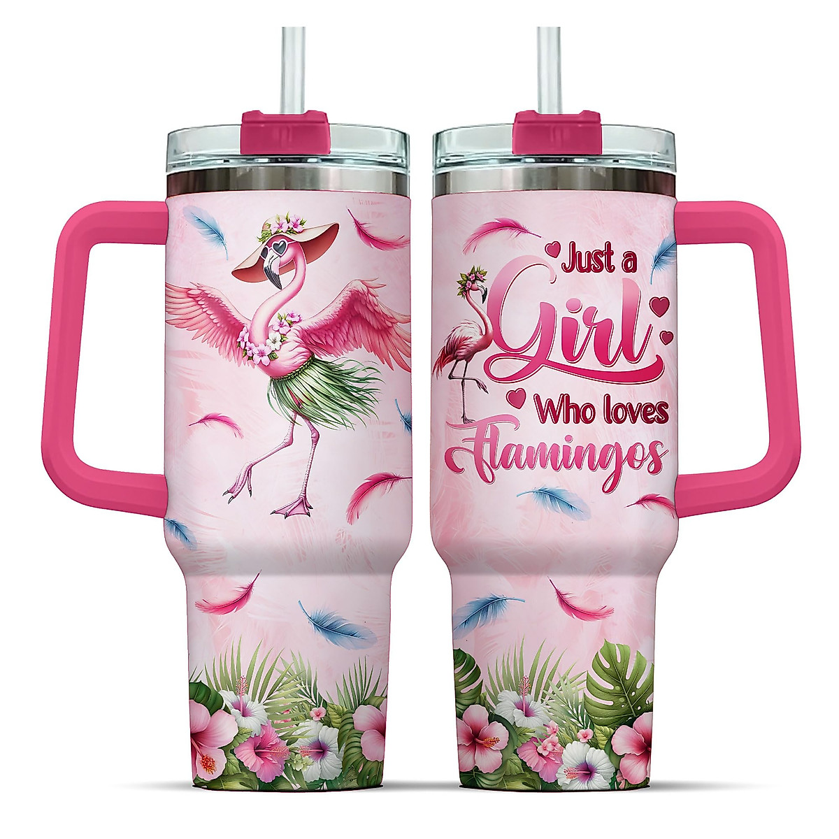 Red Steel Women Adults For Coffee Flower Tumblers Stainless Rose Simple Handle Quartz, Tumbler 40 Oz With Handle Lid And Straw, Funny Flamingo Tropical Floral, Flamingo Gifts