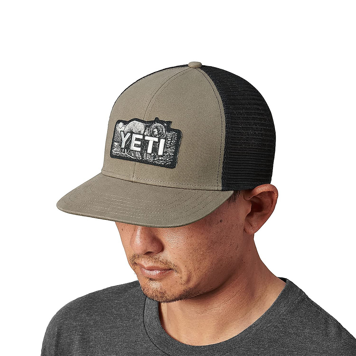 YETI Bear Badge Trucker Hat, Sharptail Taupe/Black, One Size