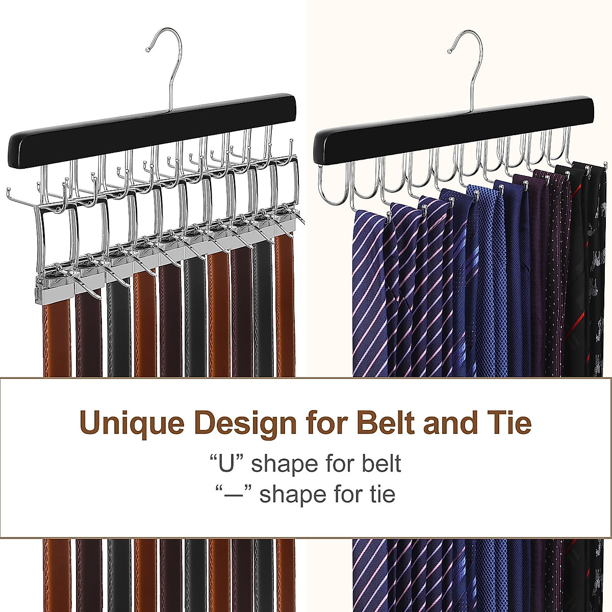 TOPIA HANGER 2 in 1 Belt Tie Hanger for Closet Max 30 Belts with 30 Ties Capacity, 20 Hooks Belt Tie Racks Wooden Hanger for Closet Organizer Storage “U” Fit for Belt and “一” Fit for Tie - CT47B